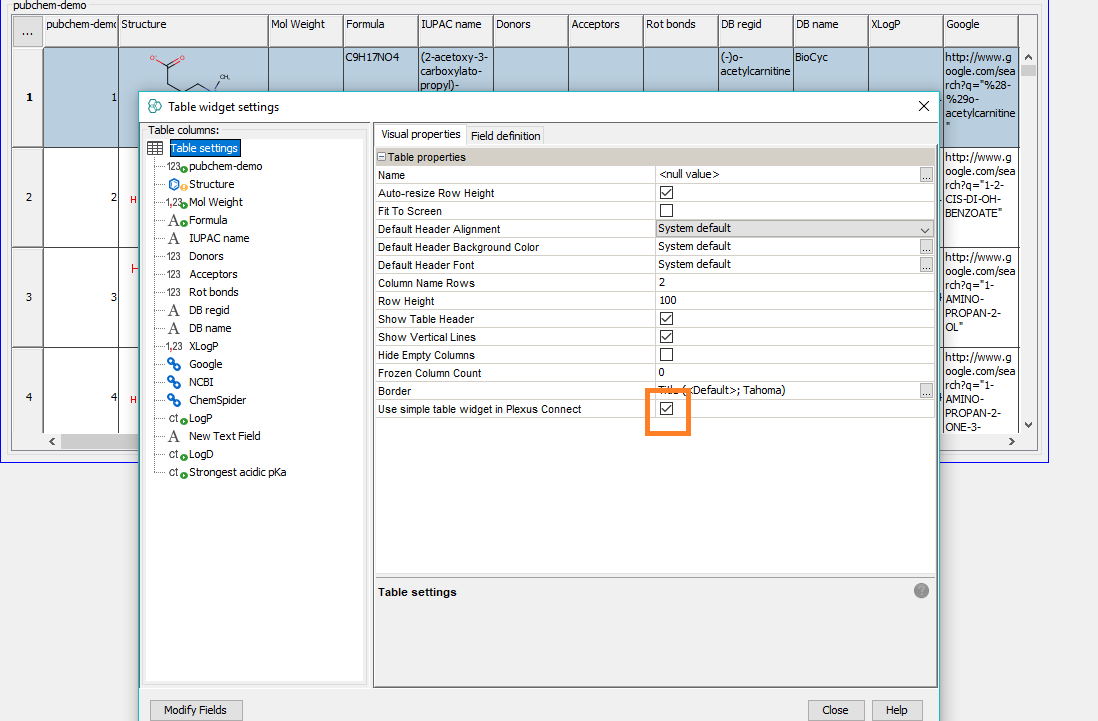 Plexus Connect - Simple table | Chemaxon Docs
